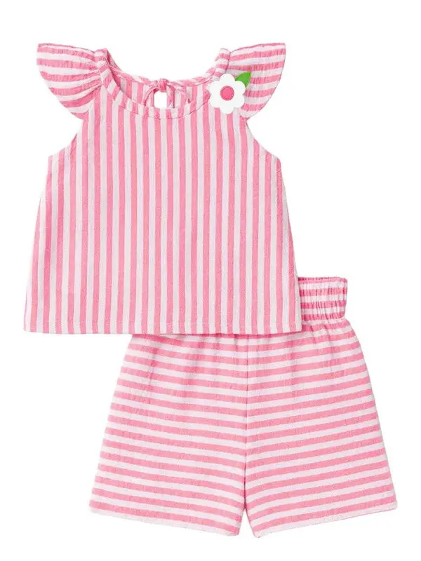 FLORENCE EISEMAN Stripe Gauze Top And Shorts Set - Coral/white