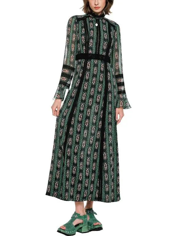Anna Sui Maxi Dress With Lace Trim And Stripe Print - Clover