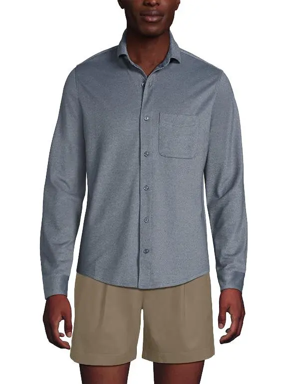 LANDS' END Long Sleeve Knit Travel Kit Oxford Shirt - Steel Gray Birdseye