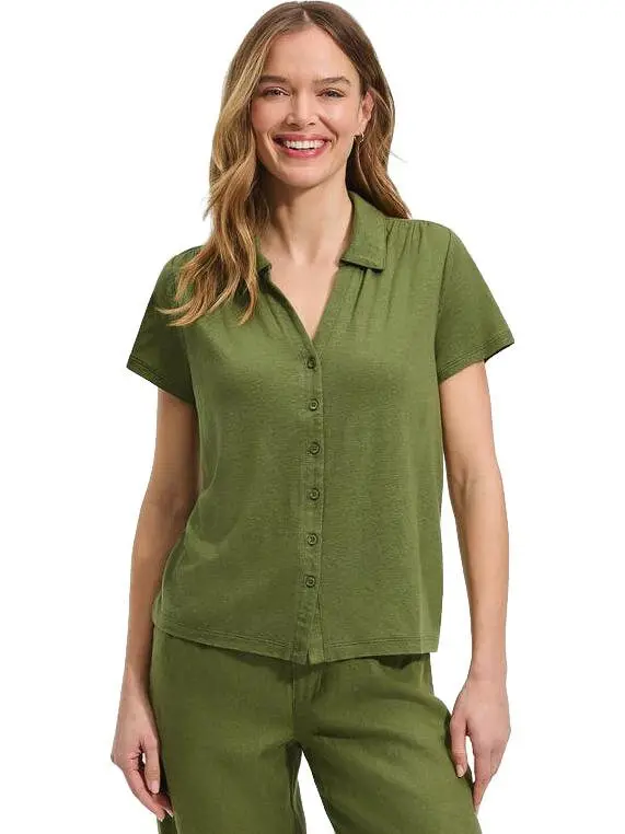 LANDS' END Linen Blend Button-front Polo Top - Artichoke