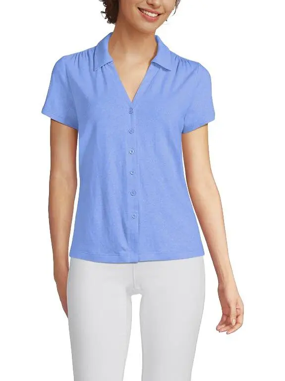 LANDS' END Linen Blend Button-front Polo Top - Clear Blue Sky