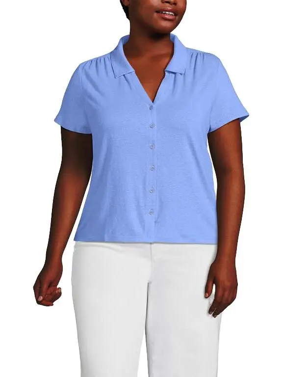 LANDS' END Linen Blend Button-front Polo Top - Clear Blue Sky