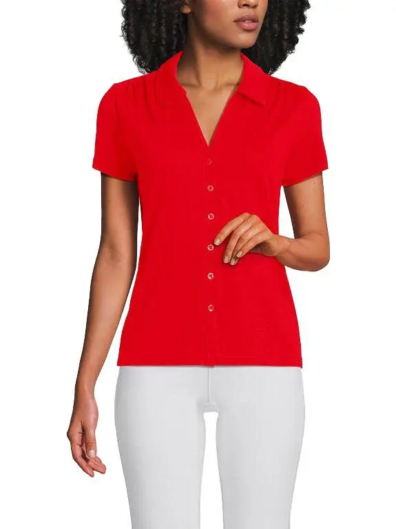 LANDS' END Linen Blend Button-front Polo Top - Coral Red