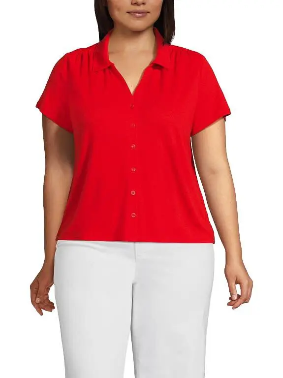 LANDS' END Linen Blend Button-front Polo Top - Coral Red