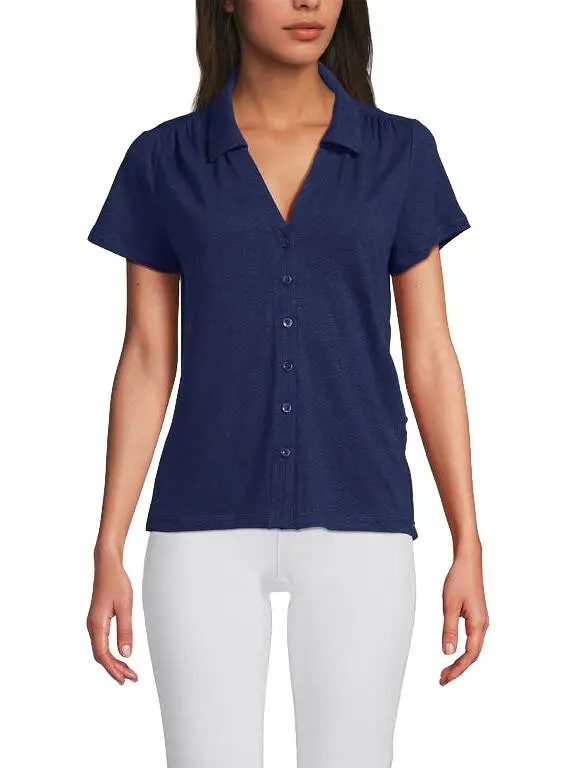 LANDS' END Linen Blend Button-front Polo Top - Deep Sea Navy