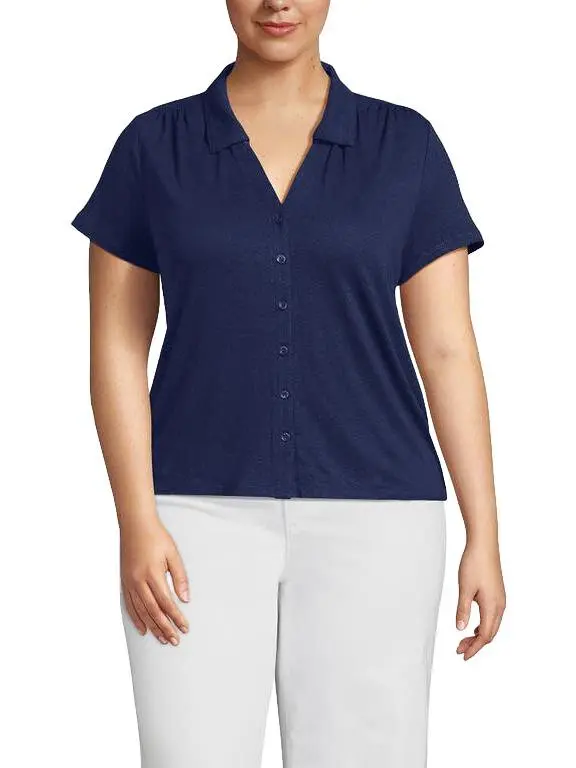 LANDS' END Linen Blend Button-front Polo Top - Deep Sea Navy