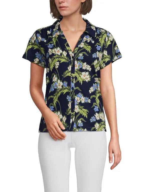 LANDS' END Linen Blend Button-front Polo Top - Deep Sea/blue Floral Tropic