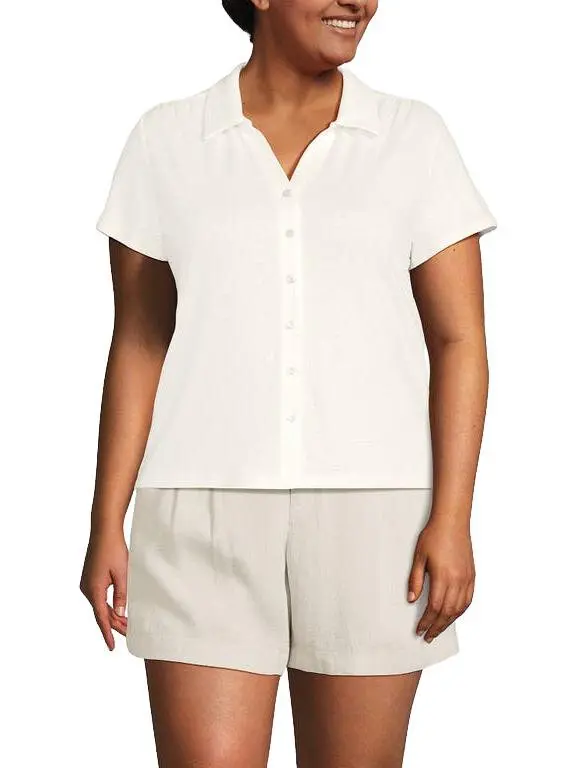 LANDS' END Linen Blend Button-front Polo Top - Ivory