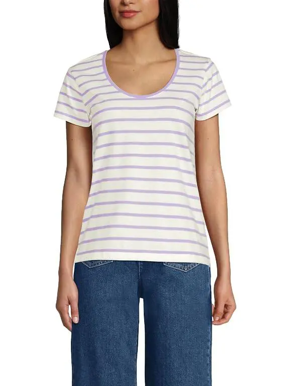 LANDS' END Supima Cotton Short Sleeve Scoop Neck Tee - Ivory/lilac Breton Stripe