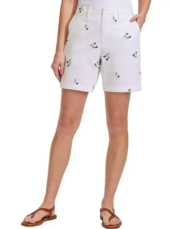 LANDS' END Classic 7" Chino Shorts With Elastic Back - White/blue Floral Embroidery