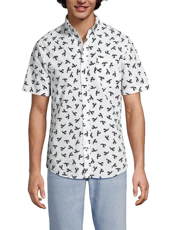 LANDS' END Short Sleeve Seersucker Shirt - Lunar Navy/white/lobsters