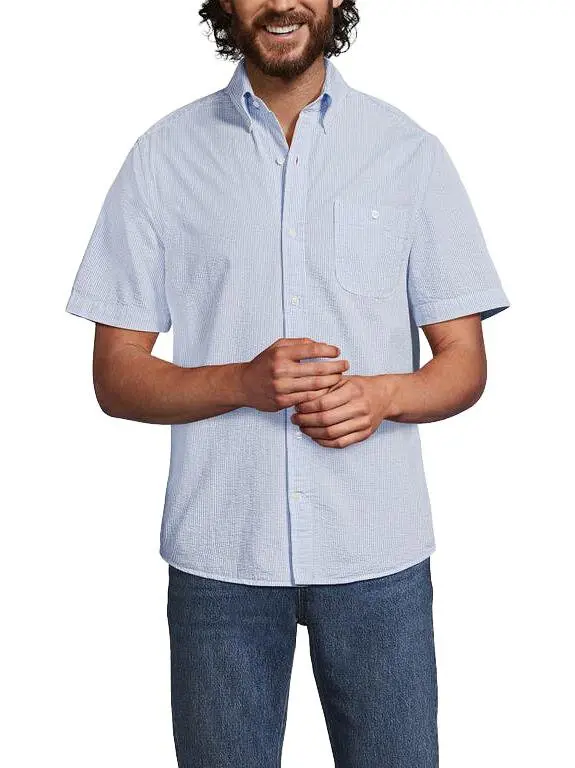 LANDS' END Short Sleeve Seersucker Shirt - Soft French Blue Stripes