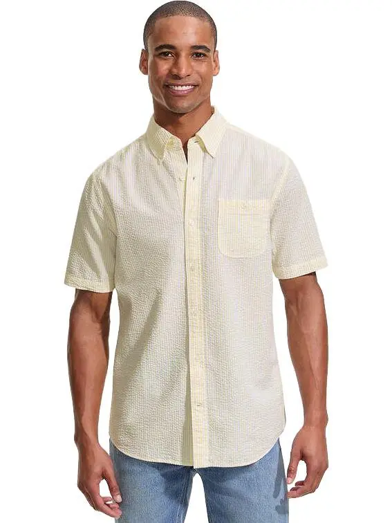 LANDS' END Short Sleeve Seersucker Shirt - Sweet Butter Stripes