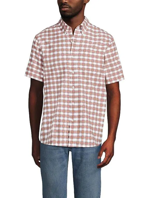 LANDS' END Short Sleeve Sail Rigger Shirt - Sunset Coral Pink/white Plaid