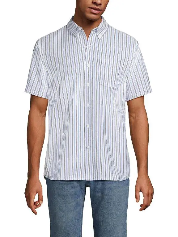 LANDS' END Short Sleeve Sail Rigger Shirt - White/soft French Blue Stripe