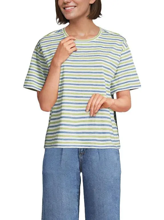 LANDS' END Short Sleeve Slub Jersey Cutwork T-shirt - Bright Pistachio/teal Stripe