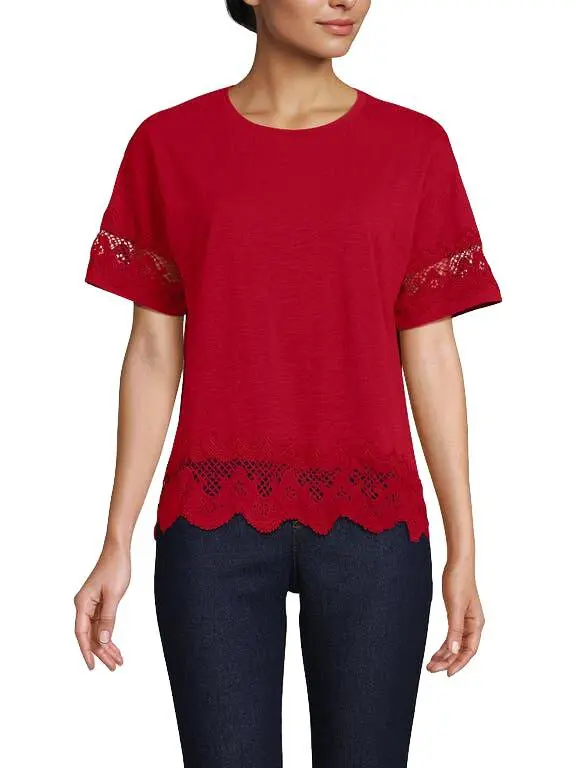 LANDS' END Short Sleeve Slub Jersey Cutwork T-shirt - Compass Red