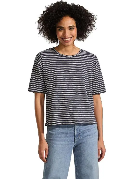 LANDS' END Short Sleeve Slub Jersey Cutwork T-shirt - Faded Navy/ivory Latte Stripe