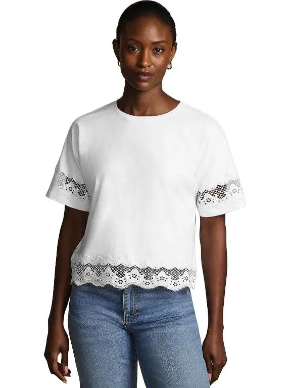 LANDS' END Short Sleeve Slub Jersey Cutwork T-shirt - White