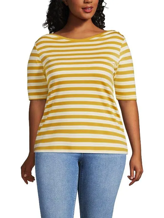 LANDS' END Supima Cotton Elbow Sleeve Boatneck Tee - Goldenrod Multi Stripe