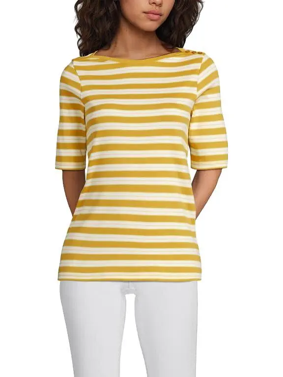 LANDS' END Supima Cotton Elbow Sleeve Boatneck Tee - Goldenrod Multi Stripe