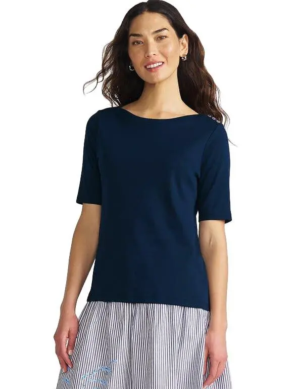 LANDS' END Supima Cotton Elbow Sleeve Boatneck Tee - Radiant Navy