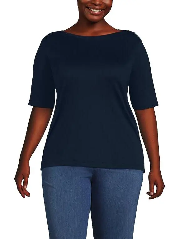 LANDS' END Supima Cotton Elbow Sleeve Boatneck Tee - Radiant Navy