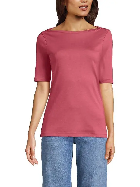 LANDS' END Supima Cotton Elbow Sleeve Boatneck Tee - Soft Mojave Rose