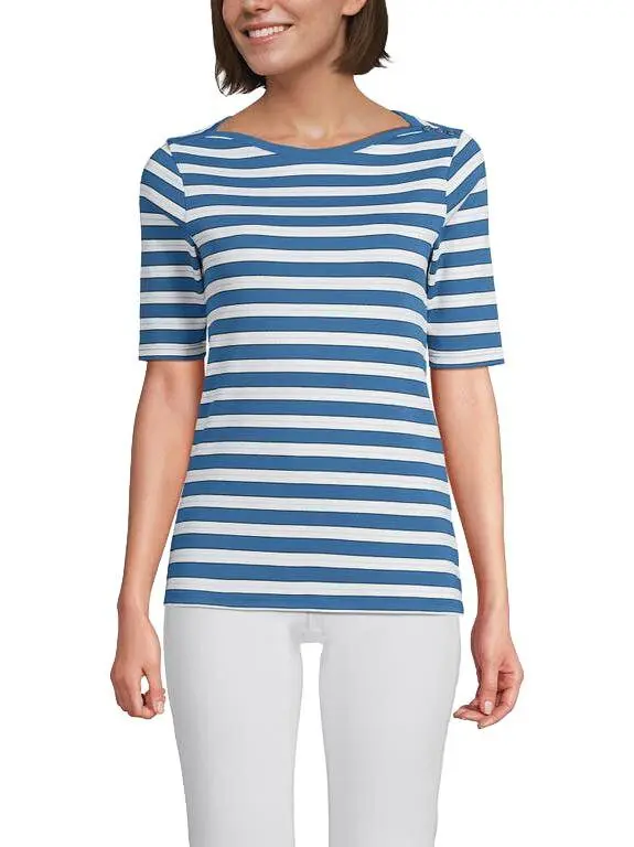 LANDS' END Supima Cotton Elbow Sleeve Boatneck Tee - Teal Blue Ocean Multi Stripe
