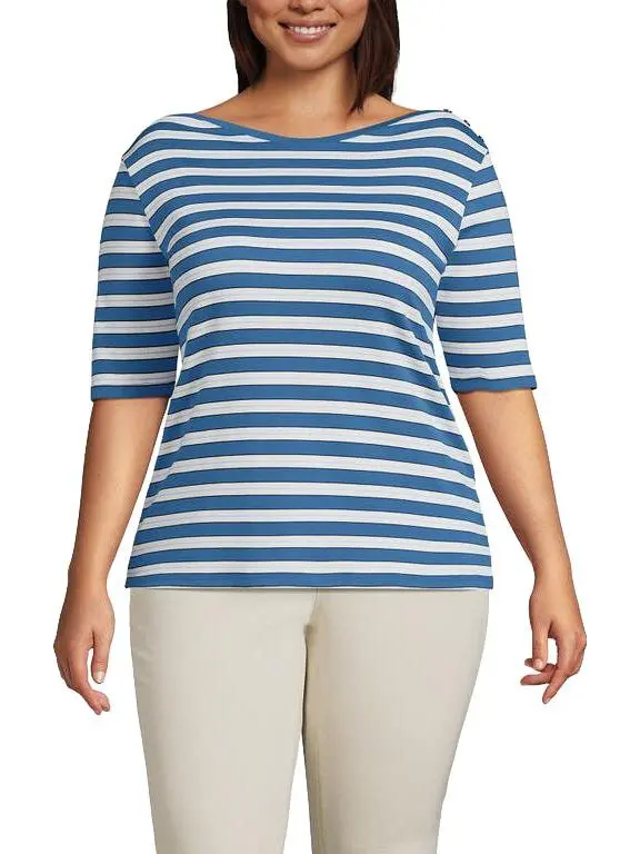 LANDS' END Supima Cotton Elbow Sleeve Boatneck Tee - Teal Blue Ocean Multi Stripe