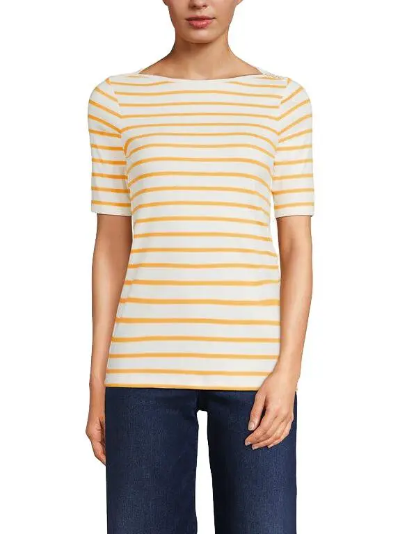 LANDS' END Supima Cotton Elbow Sleeve Boatneck Tee - White