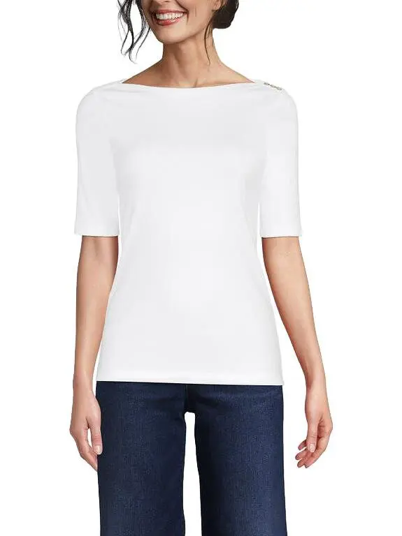 LANDS' END Supima Cotton Elbow Sleeve Boatneck Tee - White