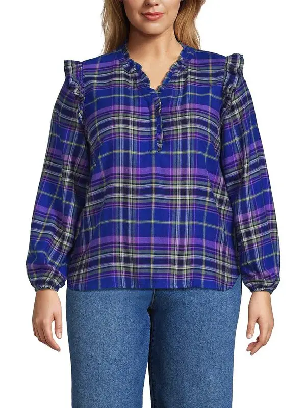 LANDS' END Ruffle Front Flannel Popover Blouse - Cobalt Blue/bright Grape Plaid
