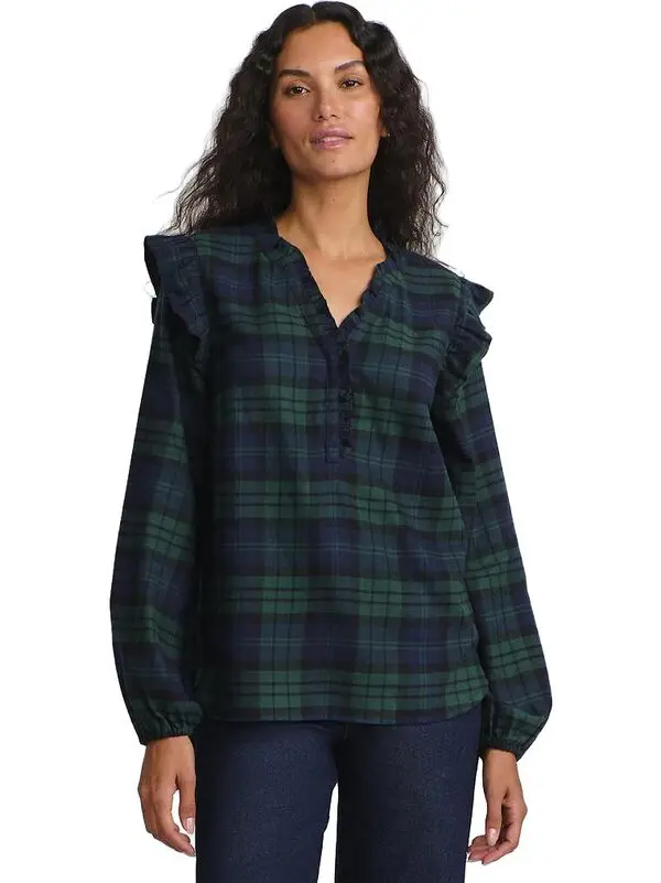 LANDS' END Ruffle Front Flannel Popover Blouse - Deep Forest Blackwatch Plaid