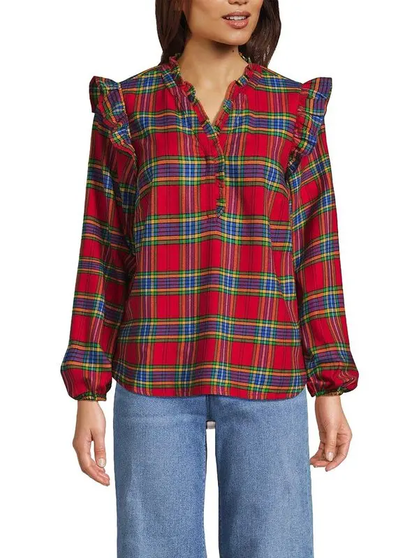 LANDS' END Ruffle Front Flannel Popover Blouse - Red/nautical Blue Plaid