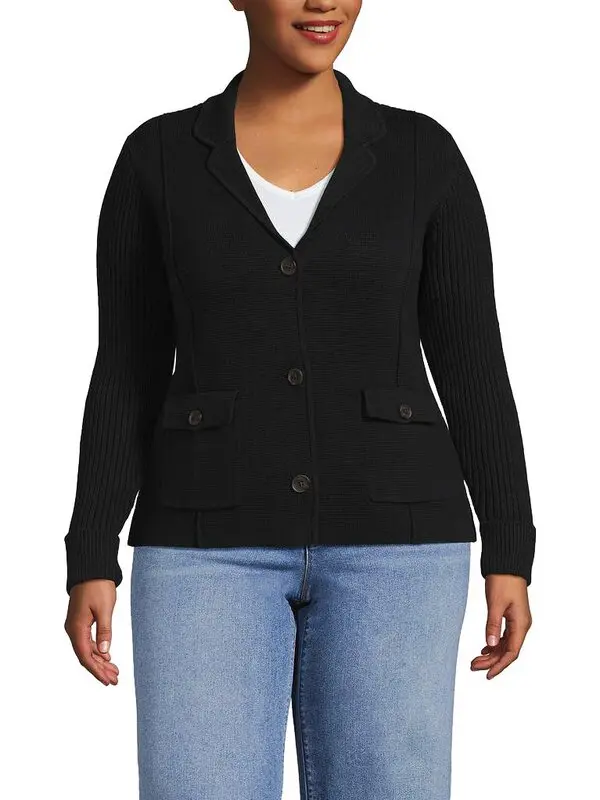 LANDS' END Ribbed Collared Blazer Sweater - Black