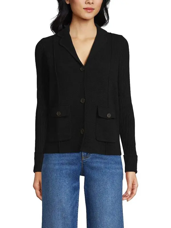 LANDS' END Ribbed Collared Blazer Sweater - Black
