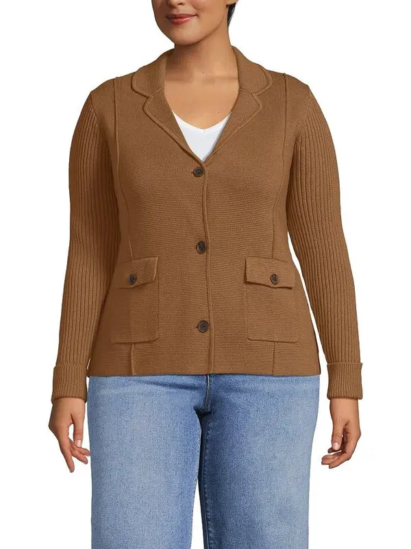LANDS' END Ribbed Collared Blazer Sweater - Canyon Camel