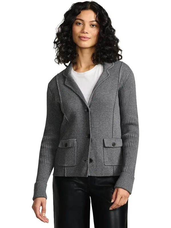 LANDS' END Ribbed Collared Blazer Sweater - Charcoal Heather