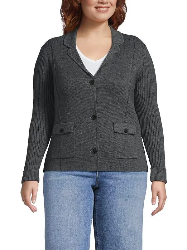 LANDS' END Ribbed Collared Blazer Sweater - Charcoal Heather