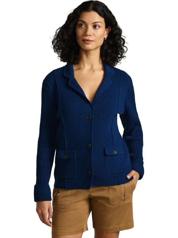 LANDS' END Ribbed Collared Blazer Sweater - Deep Sea Navy
