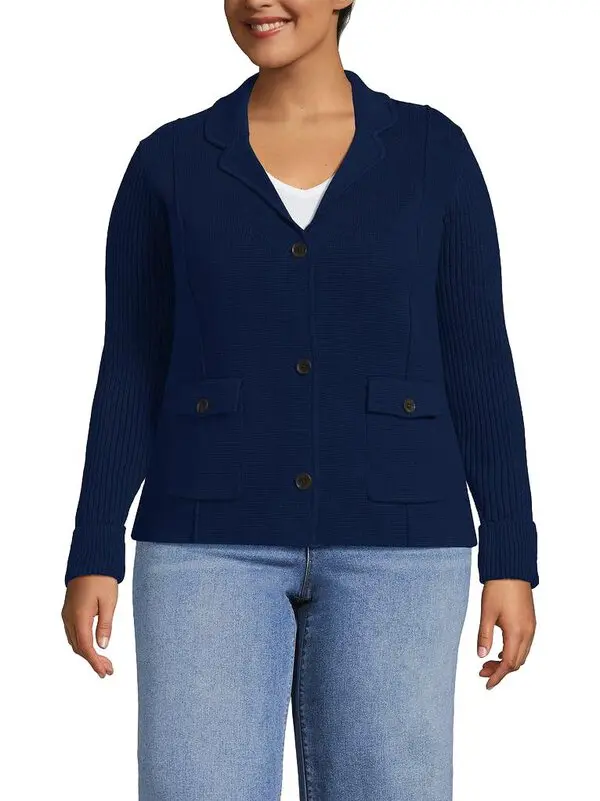 LANDS' END Ribbed Collared Blazer Sweater - Deep Sea Navy