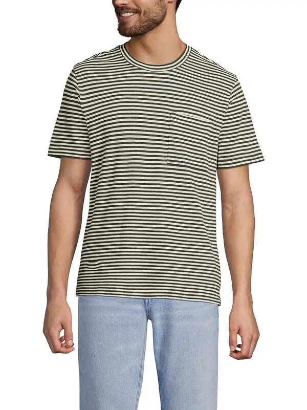 LANDS' END Short Sleeve Cotton Linen Tee - River Stone Green Stripe