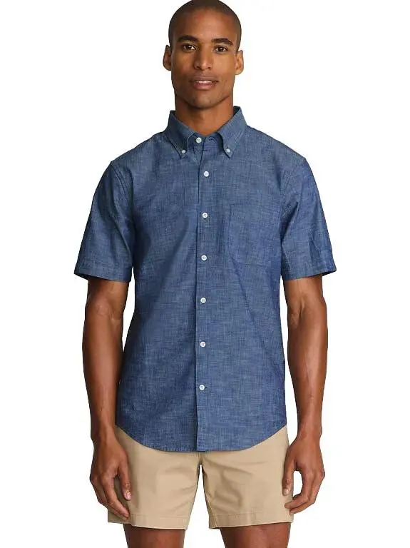 LANDS' END Short Sleeve Button Down Chambray Shirt - Dark Wash