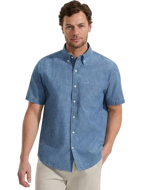 LANDS' END Short Sleeve Button Down Chambray Shirt - Dark Wash