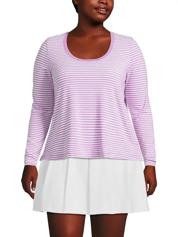 LANDS' END Power Performance Long Sleeve Scoopneck Tee - Wild Lilac/white Mini Stripe