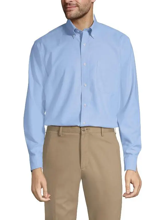 LANDS' END Tailored Fit No Iron Solid Supima Cotton Oxford Dress Shirt - Blue