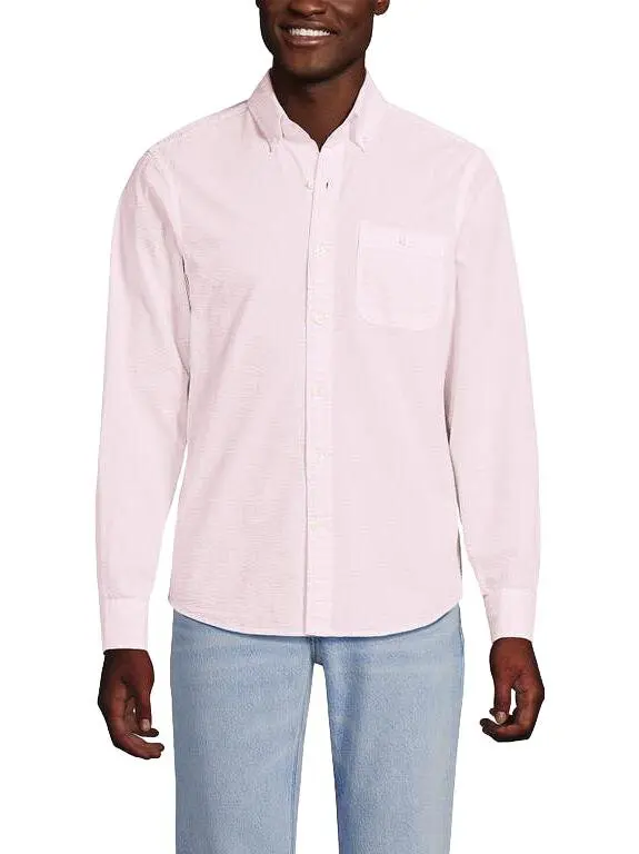 LANDS' END Long Sleeve Seersucker Shirt - Sea Salt Pink Stripes