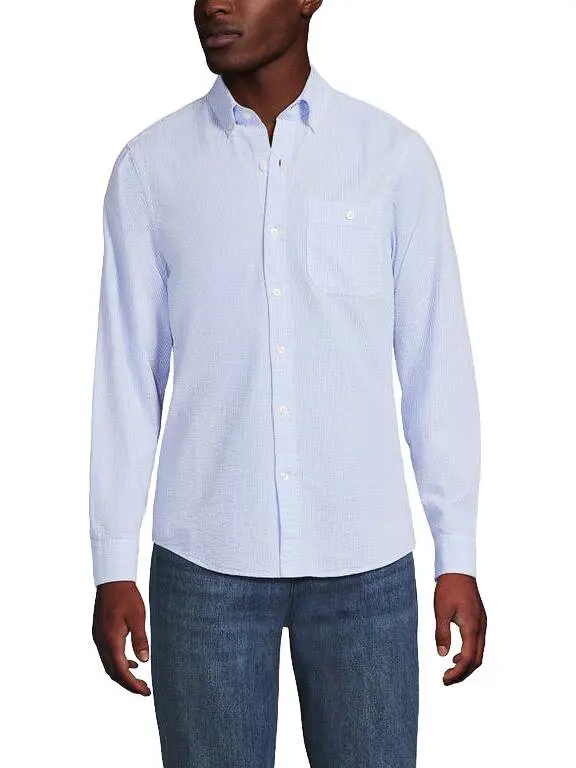 LANDS' END Long Sleeve Seersucker Shirt - Soft French Blue Stripes