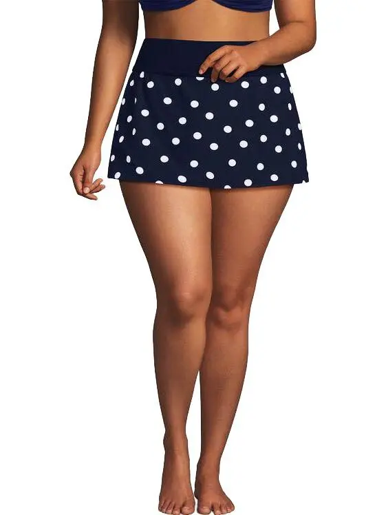 LANDS' END High-waist Swim Skort - Deep Sea Navy Polka Dot